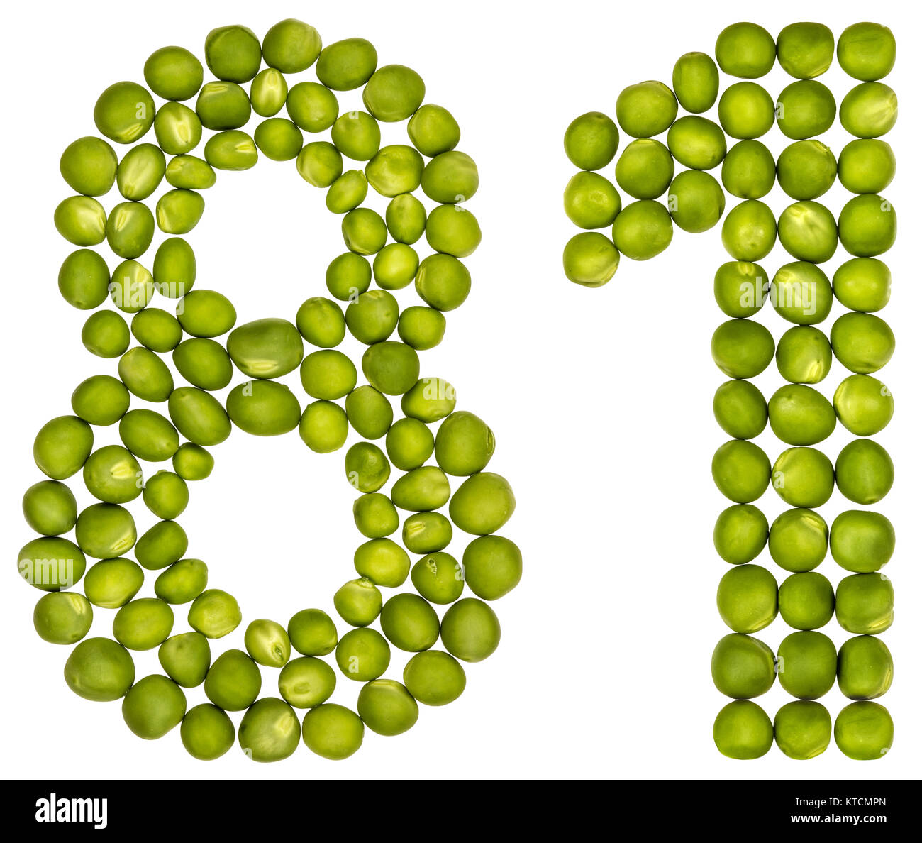 Arabic numeral 81, eighty one, from green peas, isolated on white ...