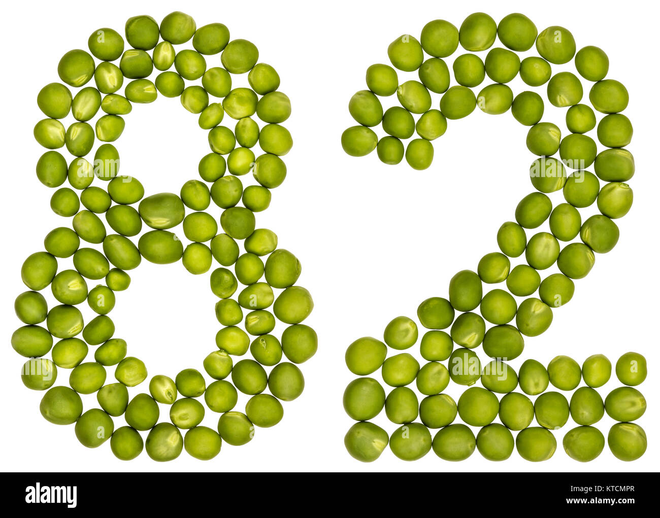 Arabic numeral 82, eighty two, from green peas, isolated on white ...