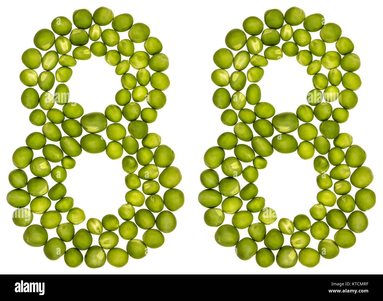 Arabic numeral 88, eighty eight, from green peas, isolated on white ...