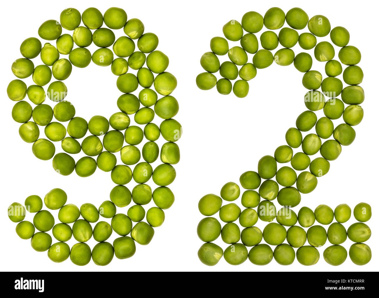 Arabic numeral 92, ninety two, from green peas, isolated on white ...
