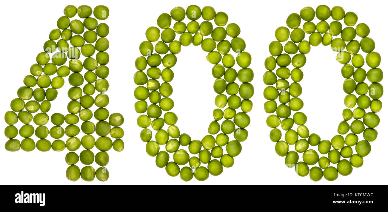 Arabic numeral 400, four hundred, from green peas, isolated on white ...