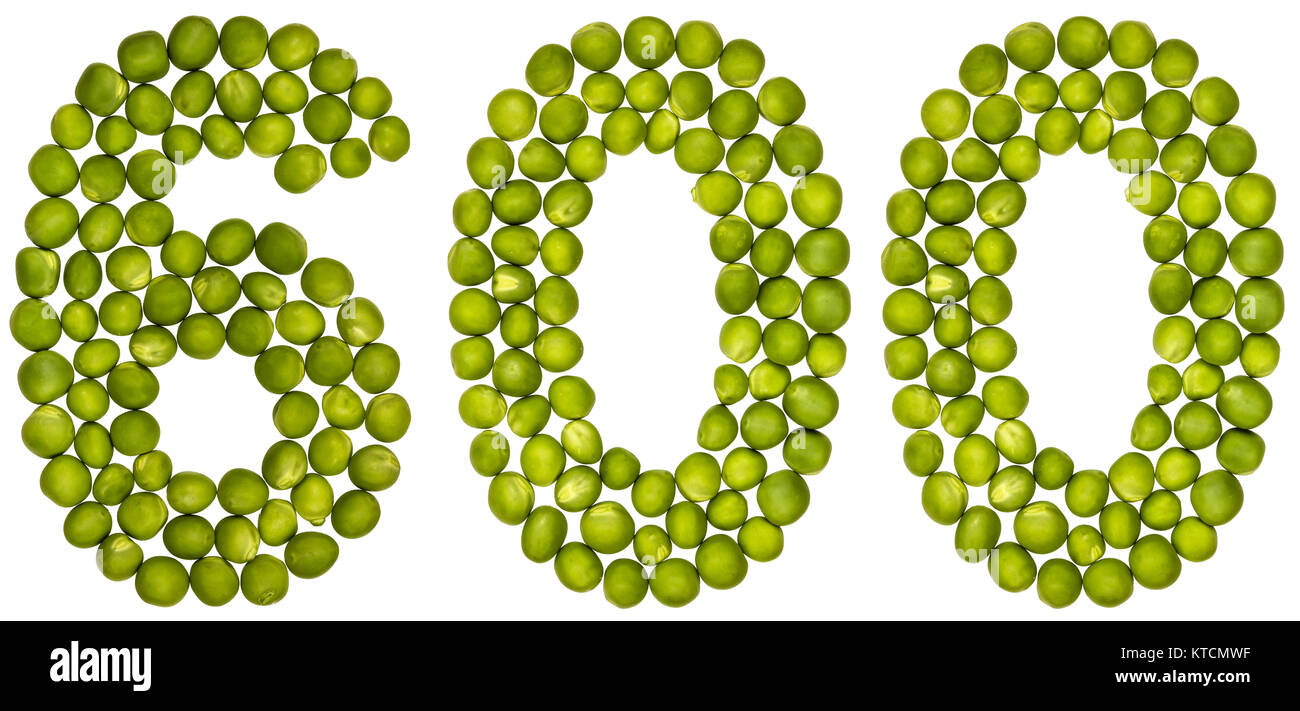 Arabic numeral 600, six hundred, from green peas, isolated on white ...