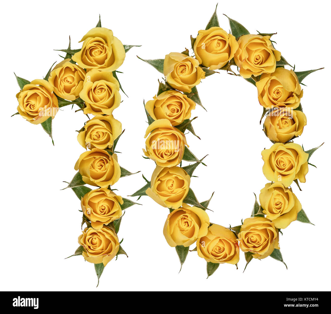 Arabic numeral 10, ten, from yellow flowers of rose, isolated on white ...