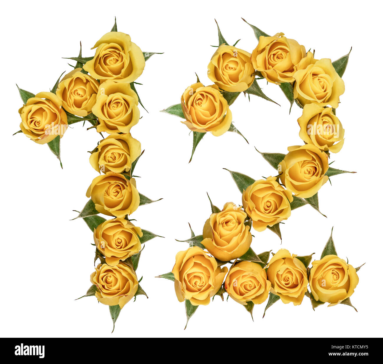 Arabic numeral 12, twelve, from yellow flowers of rose, isolated on ...