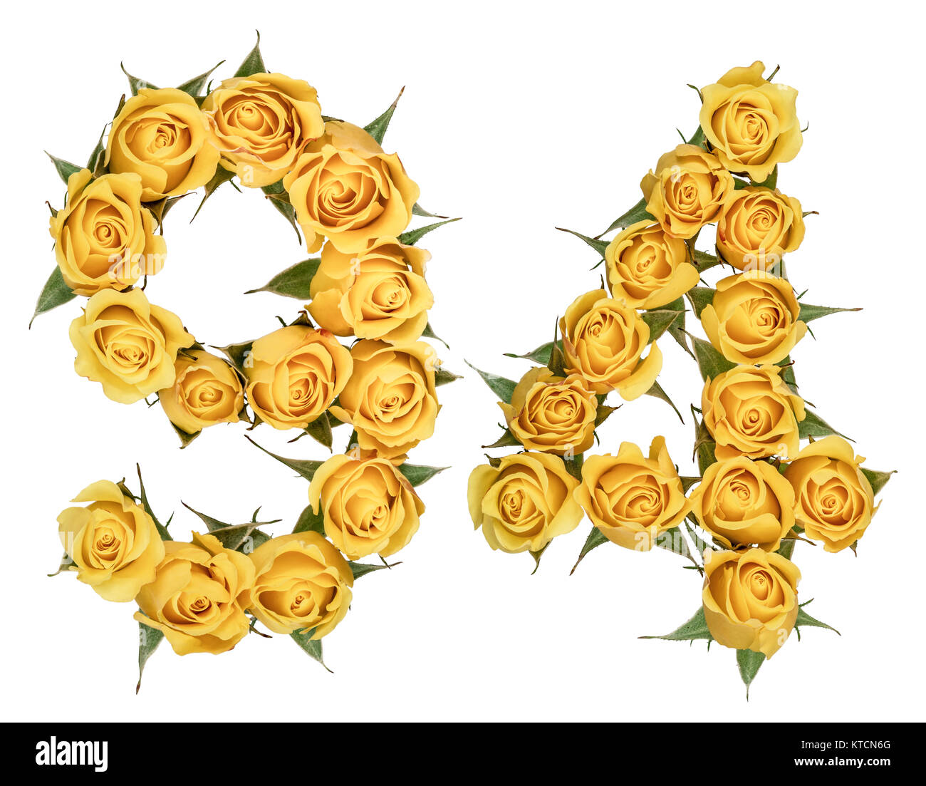 Arabic numeral 94, ninety four, from yellow flowers of rose, isolated ...