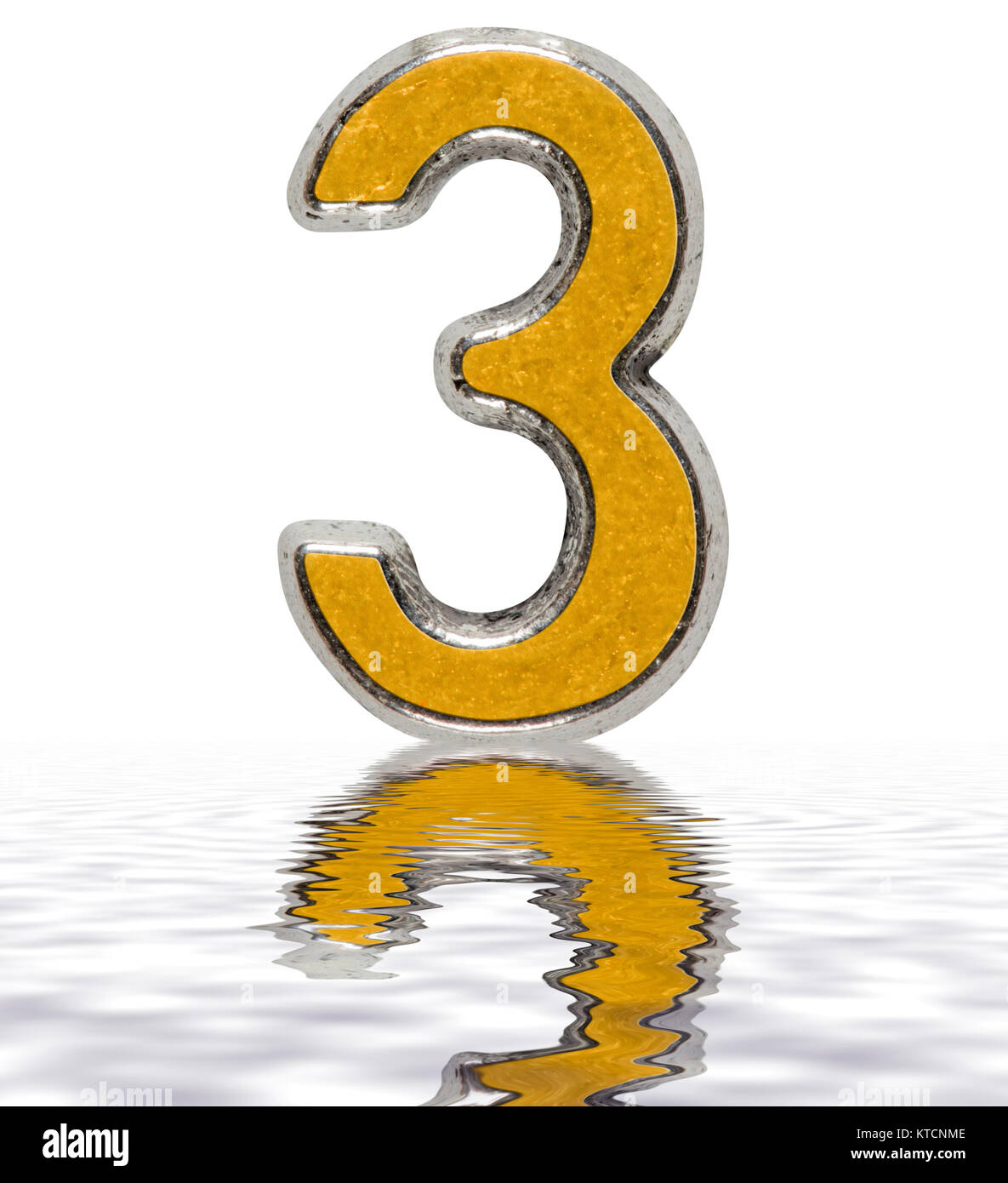 Numeral 3, three, reflected on the water surface, isolated on white, 3d ...