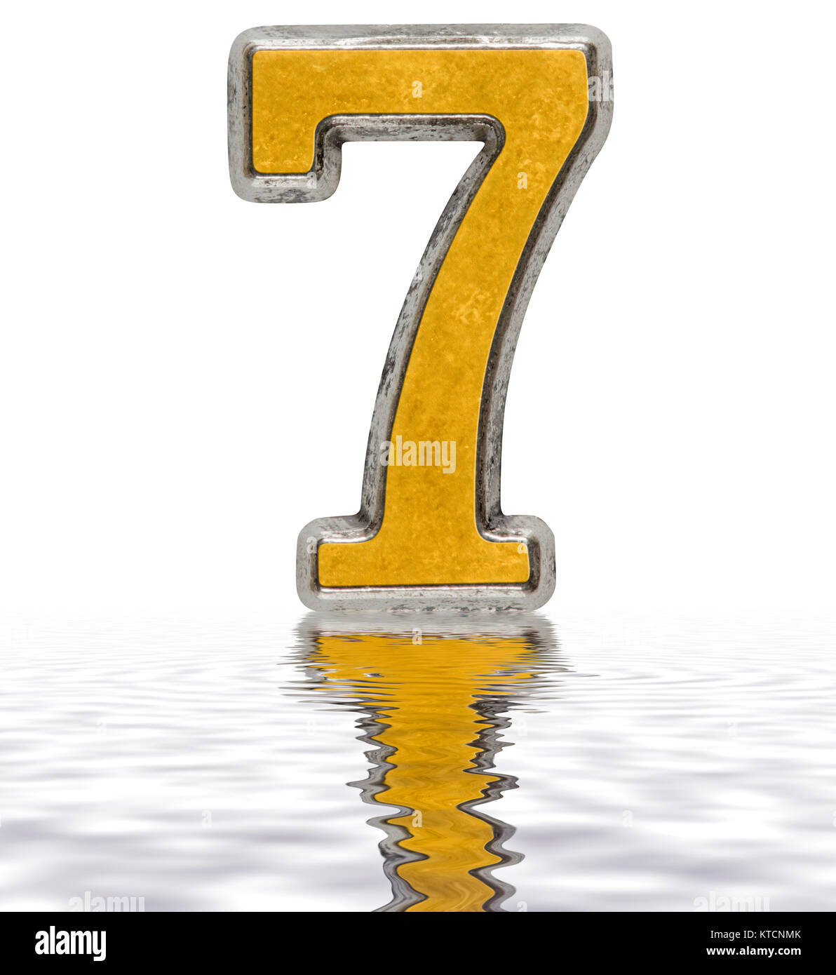 Numeral 7, seven, reflected on the water surface, isolated on white, 3d ...