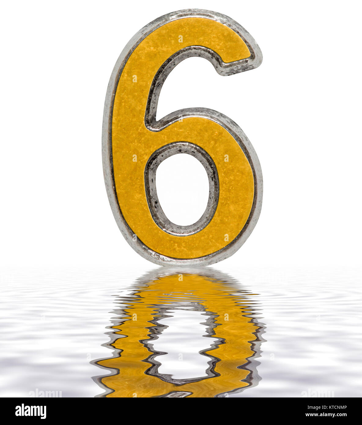 Numeral 6, six, reflected on the water surface, isolated on white, 3d ...