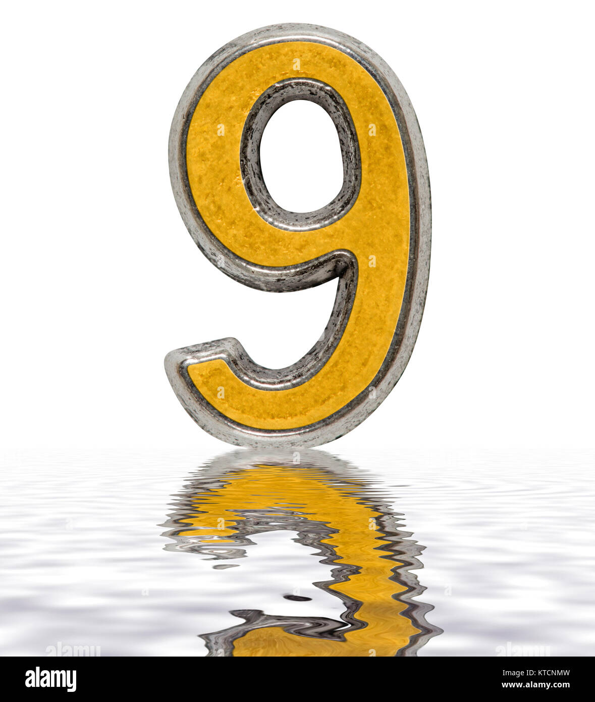 Numeral 9, nine, reflected on the water surface, isolated on white, 3d ...