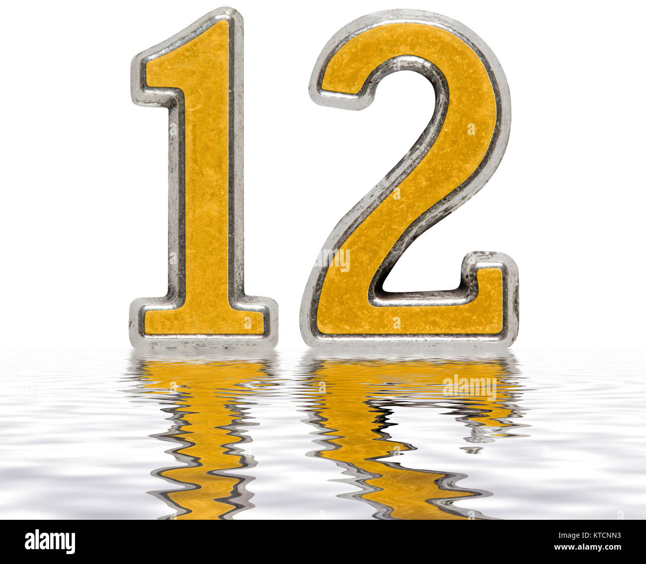Numeral 12, twelve, reflected on the water surface, isolated on white ...