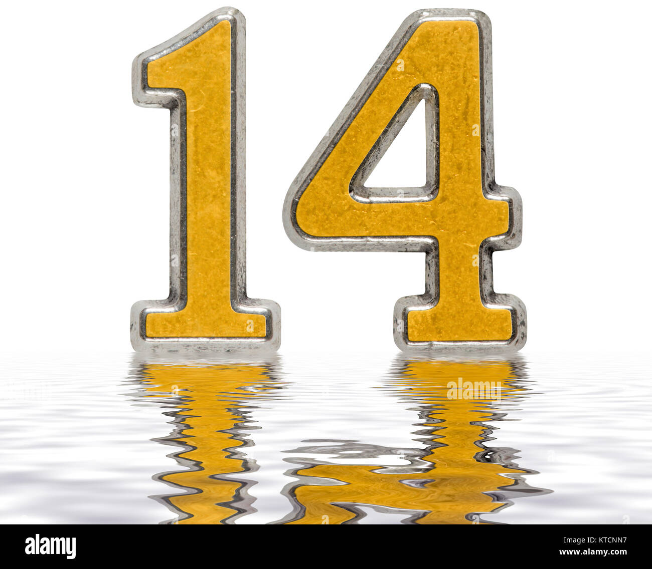 Numeral 14, fourteen, reflected on the water surface, isolated on white ...