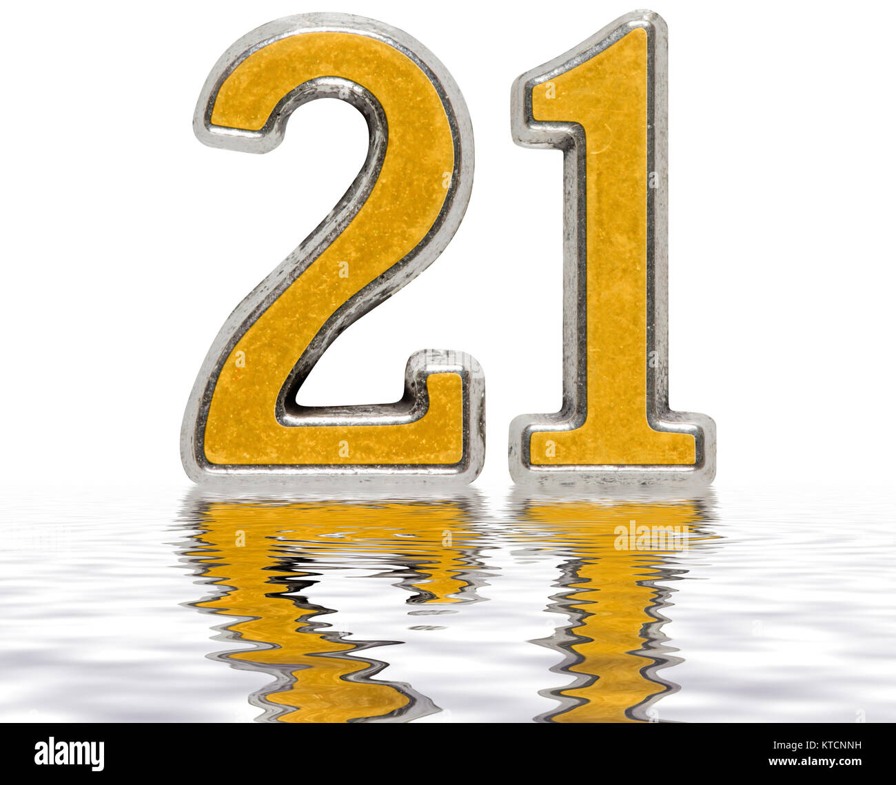 Numeral 21, twenty one, reflected on the water surface, isolated on ...