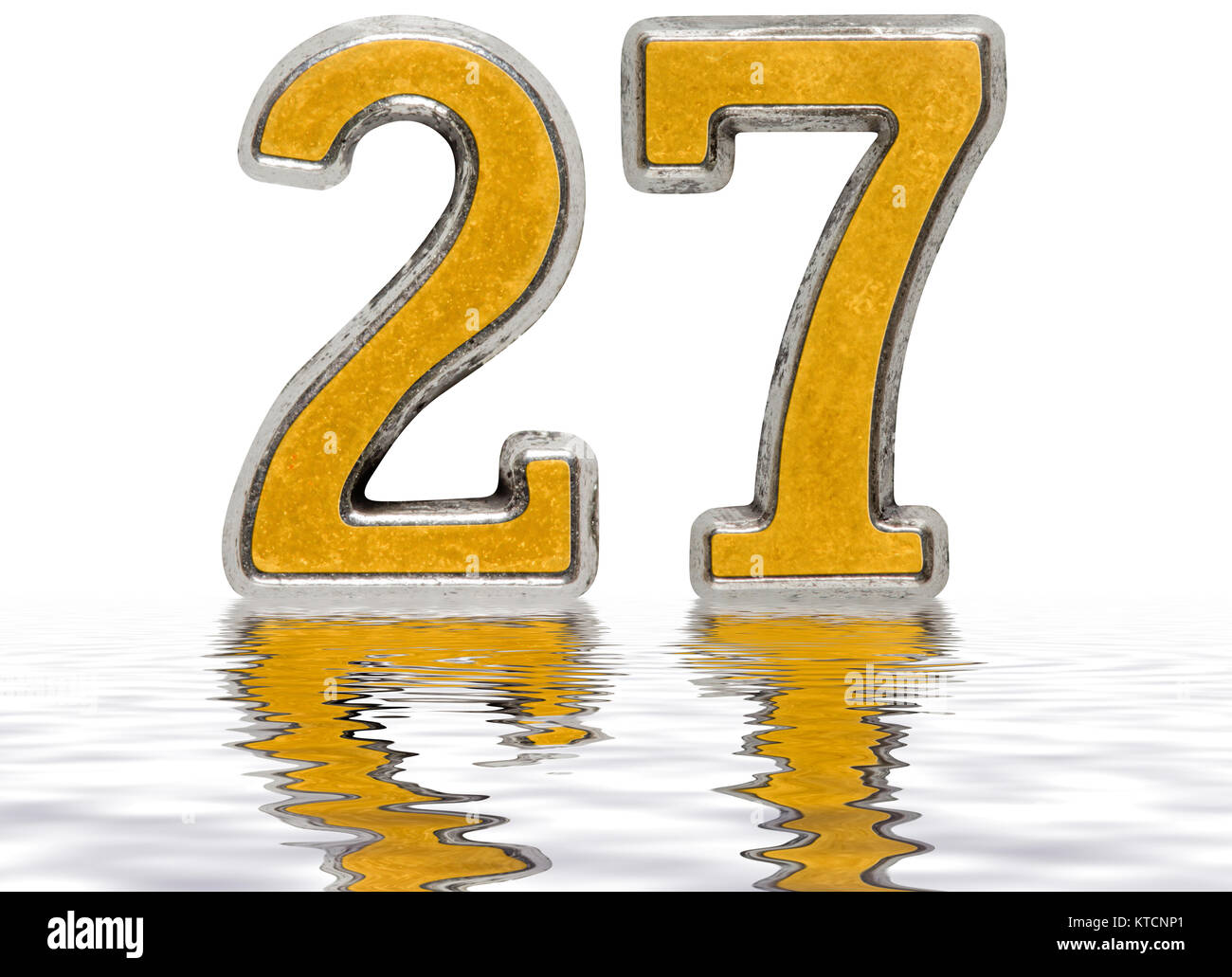 Numeral 27, twenty seven, reflected on the water surface, isolated on ...