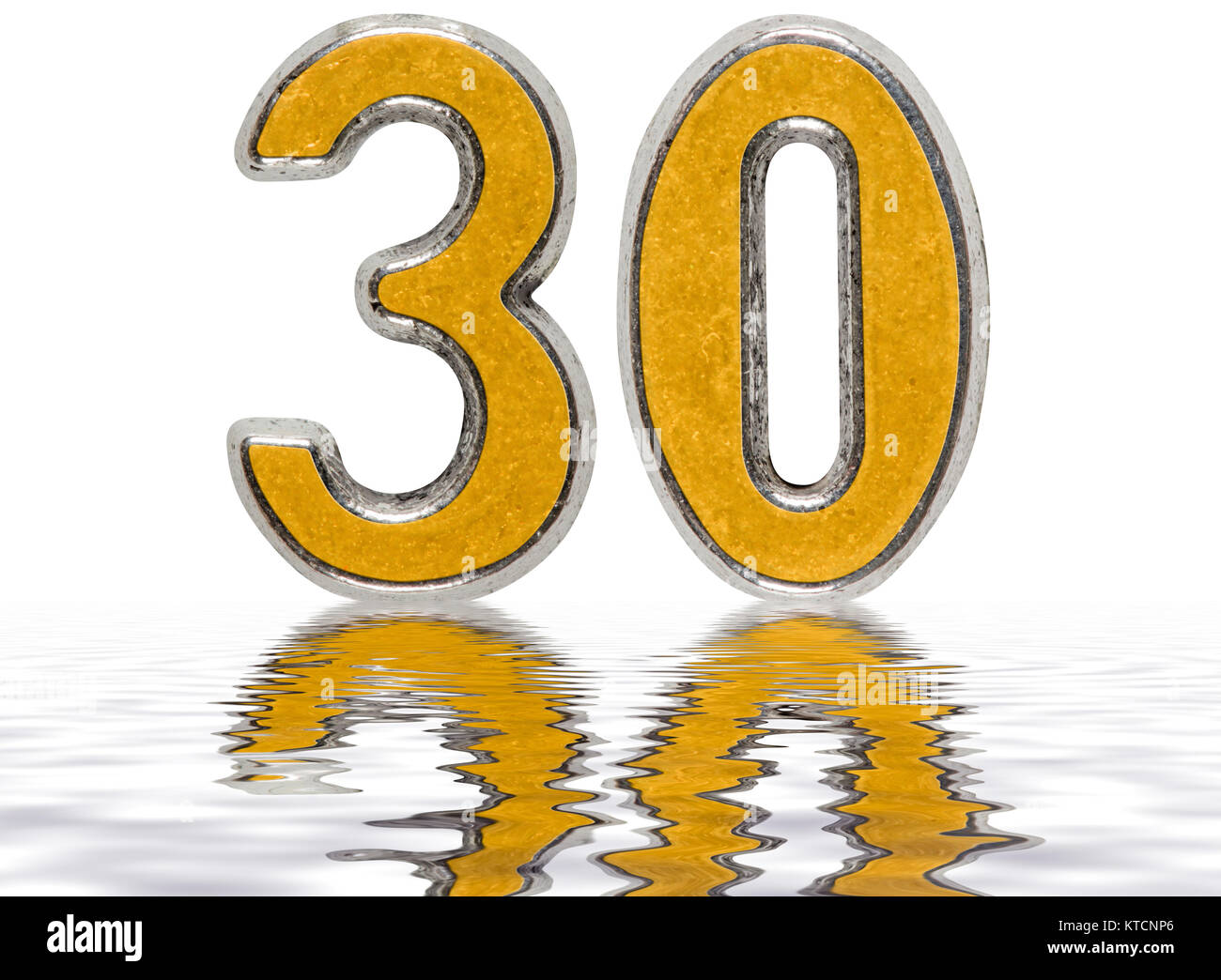 Numeral 30, thirty, reflected on the water surface, isolated on white ...