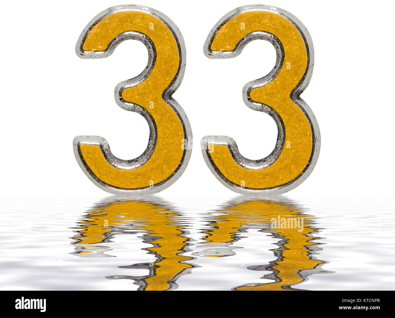 Numeral 33, thirty three, reflected on the water surface, isolated on ...