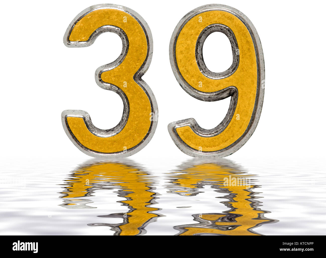 Numeral 39, thirty nine, reflected on the water surface, isolated on ...