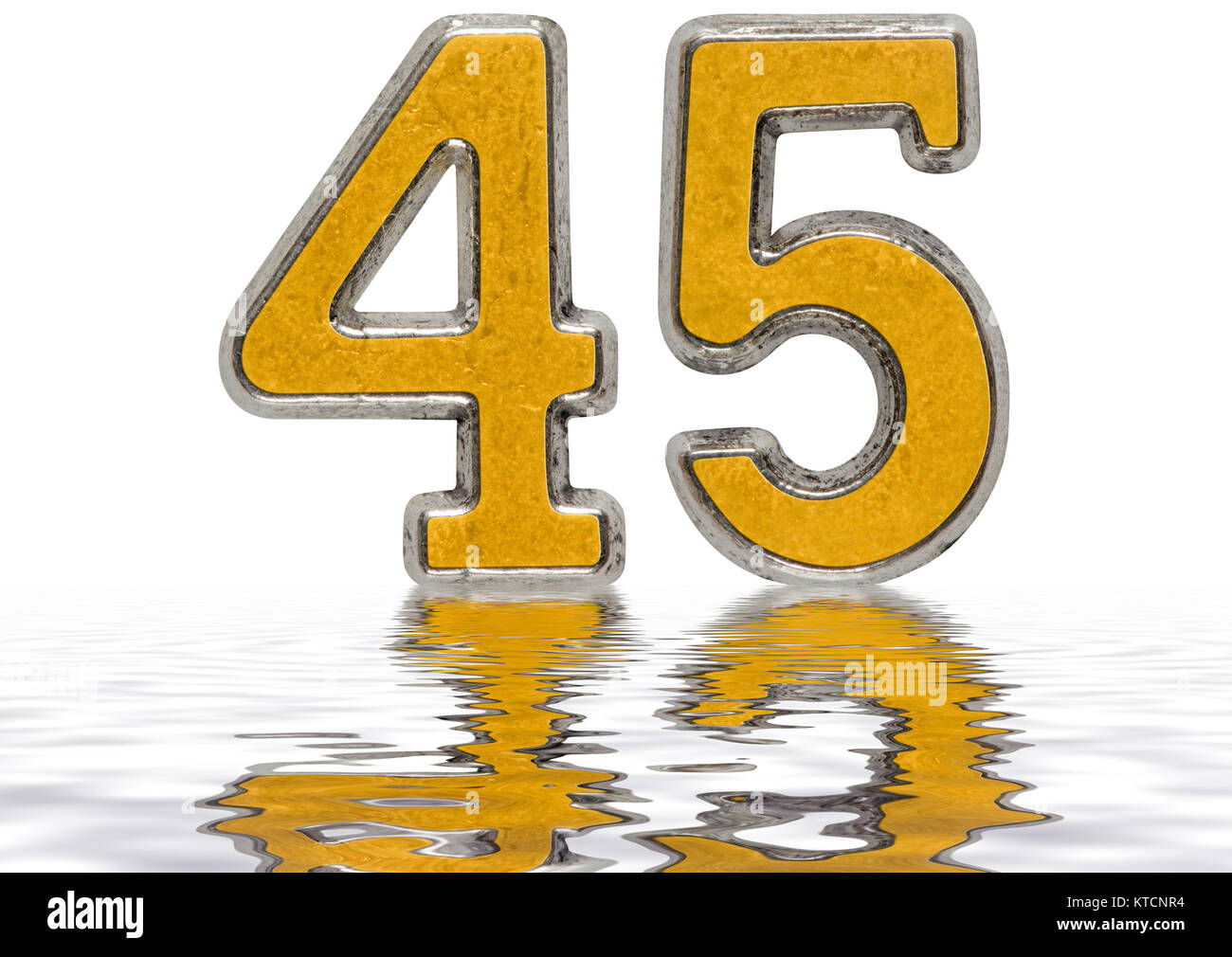 Numeral 45, forty five, reflected on the water surface, isolated on ...