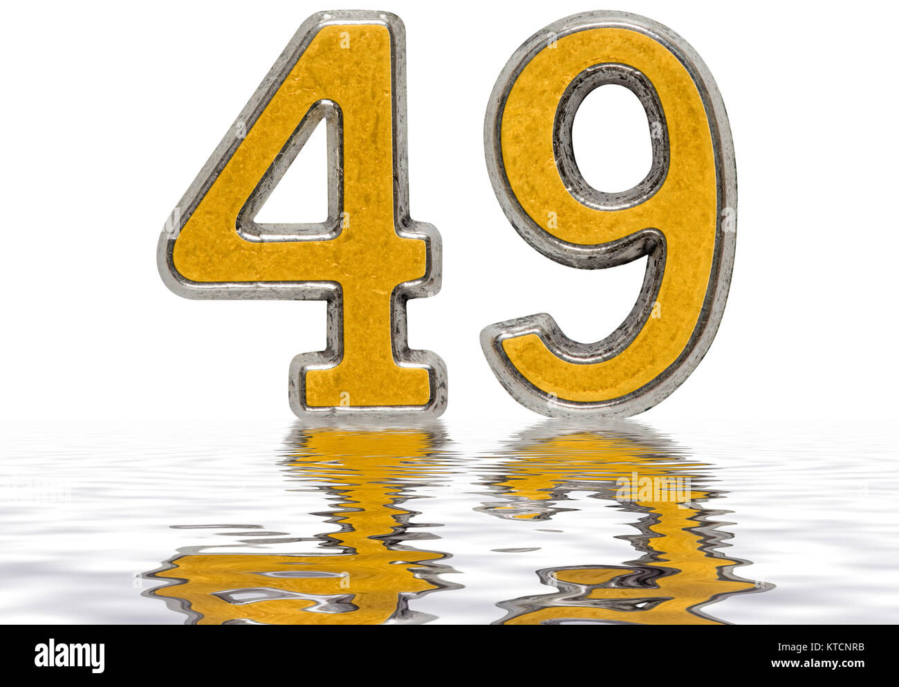 Numeral 49, forty nine, reflected on the water surface, isolated on ...
