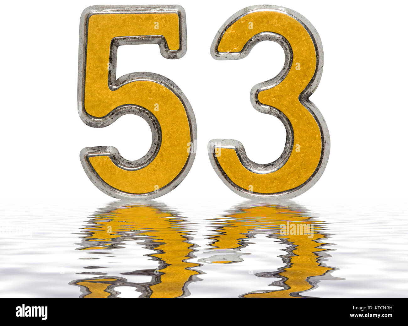 Numeral 53, fifty three, reflected on the water surface, isolated on ...