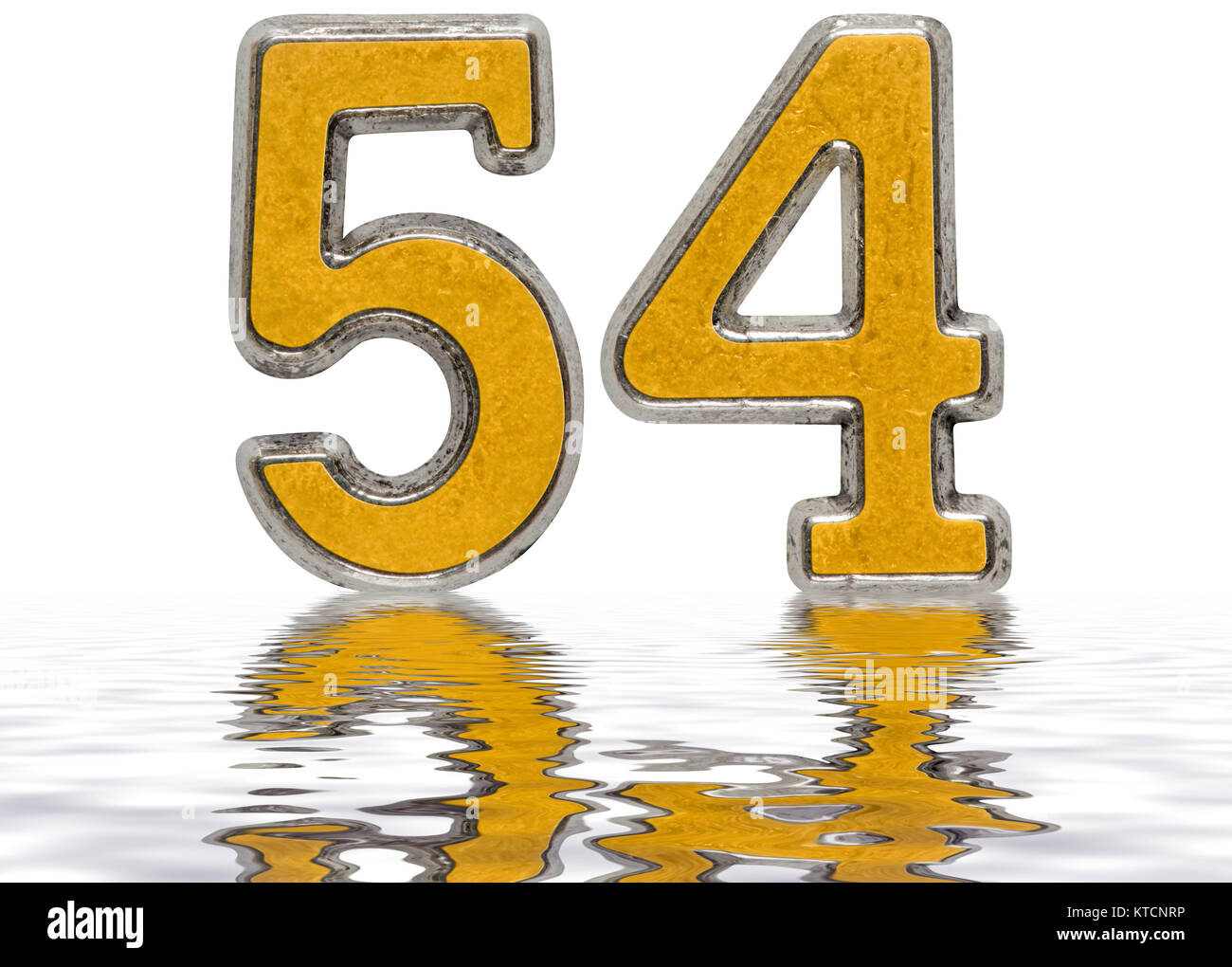 Numeral 54, fifty four, reflected on the water surface, isolated on ...