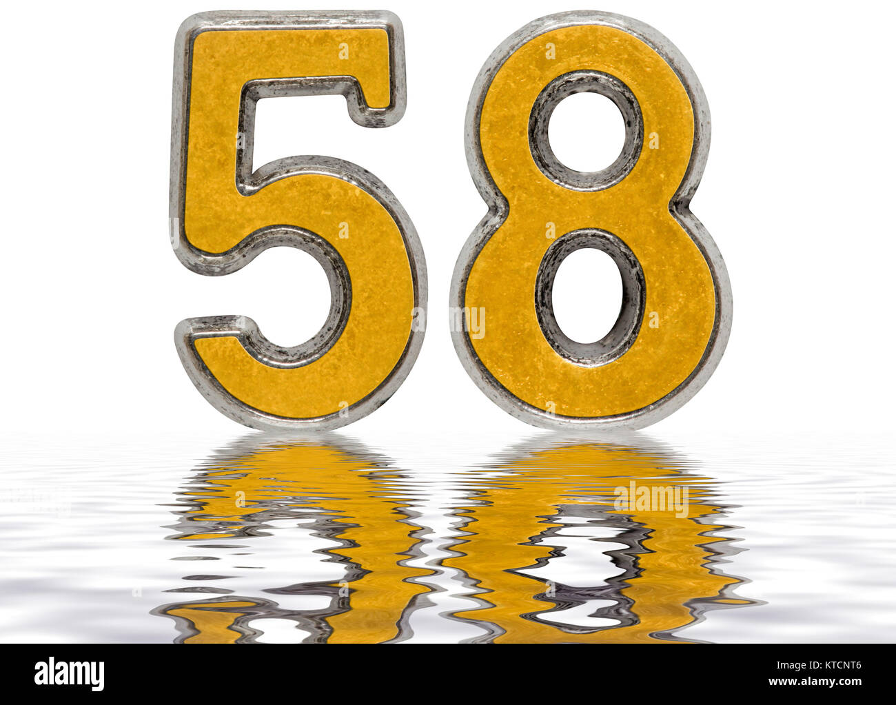 Numeral 58, fifty eight, reflected on the water surface, isolated on ...