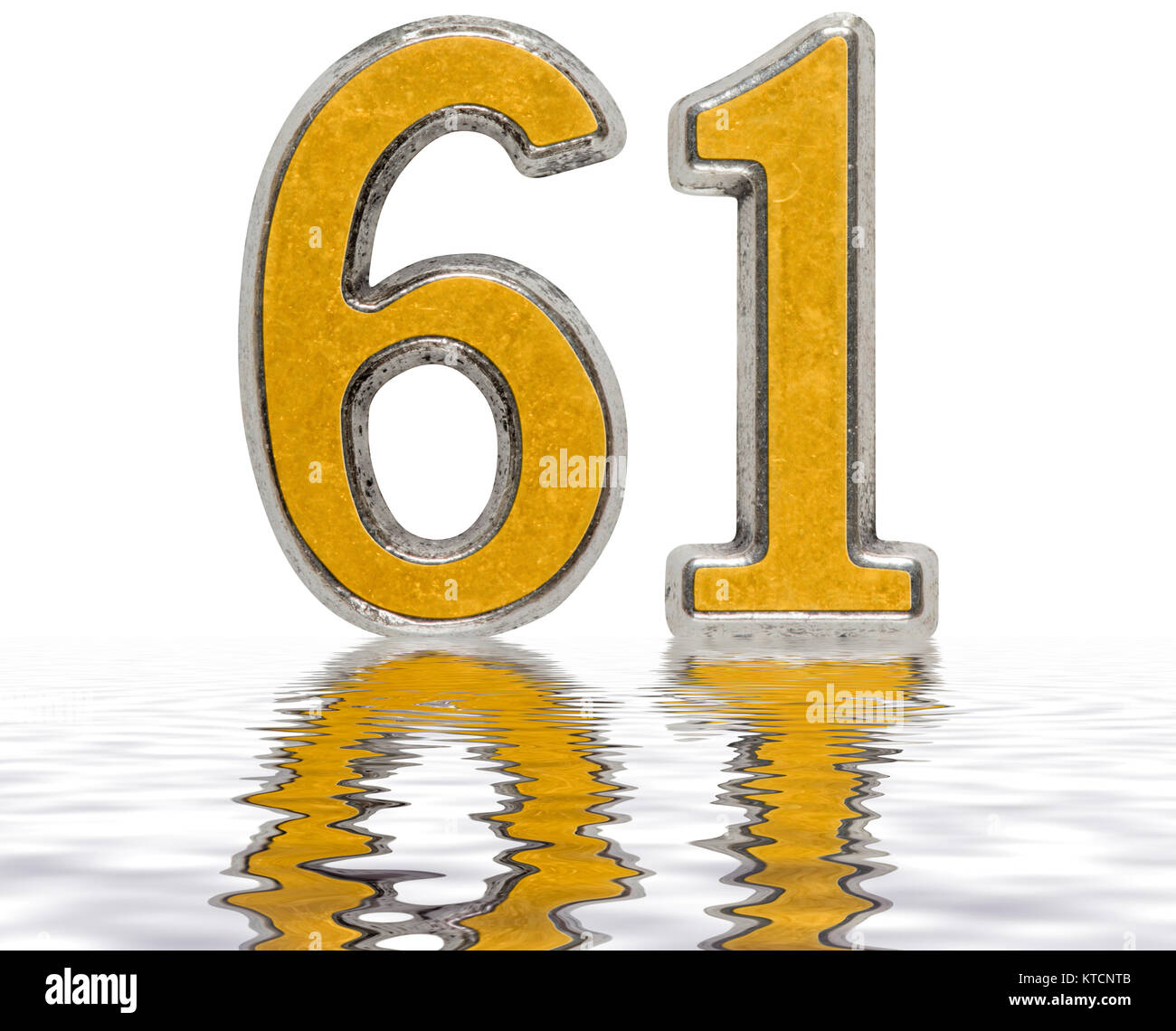 Numeral 61, sixty one, reflected on the water surface, isolated on ...