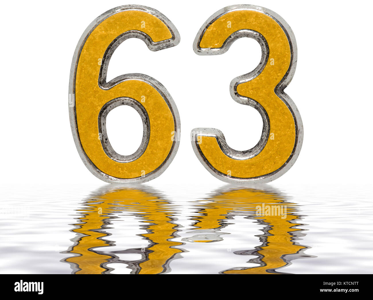 Numeral 63, sixty three,reflected on the water surface, isolated on ...