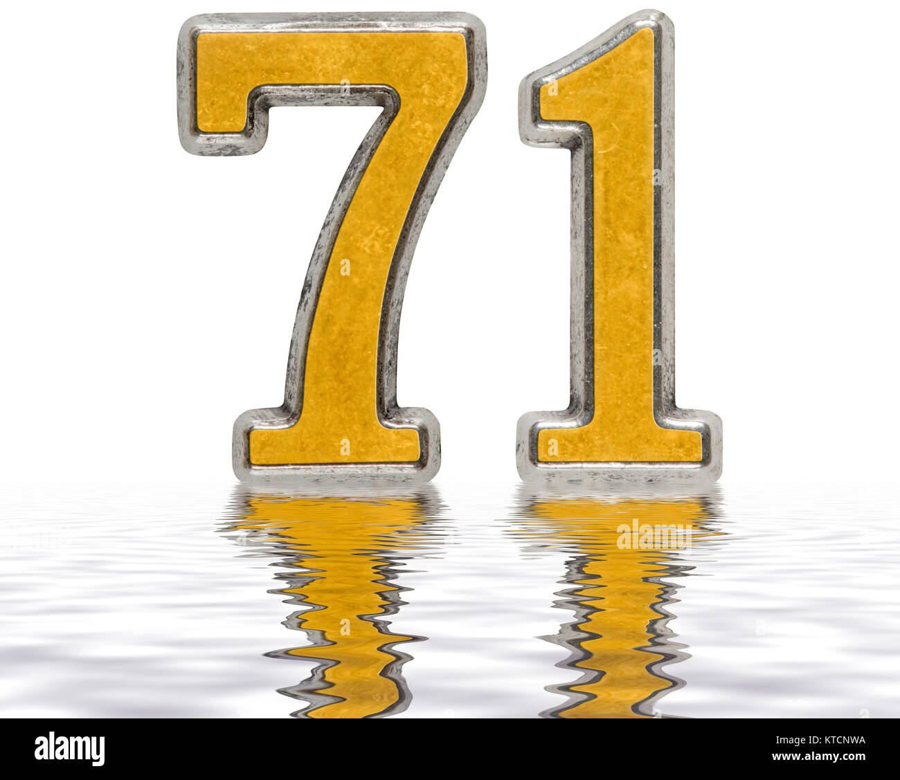 Numeral 71, seventy one, reflected on the water surface, isolated on ...