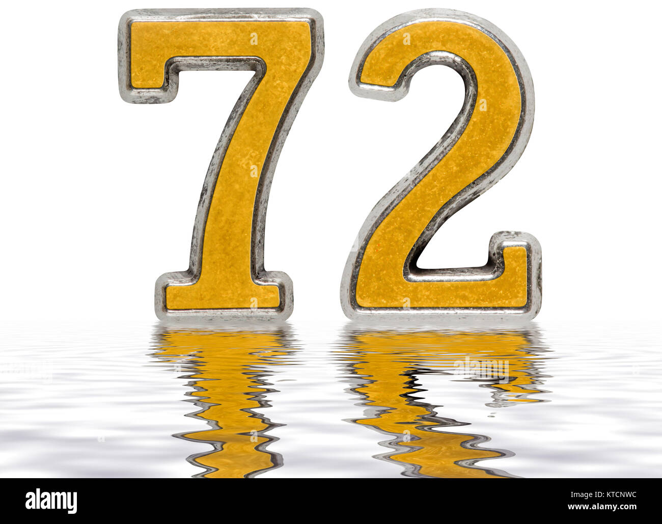 Numeral 72, seventy two, reflected on the water surface, isolated on ...