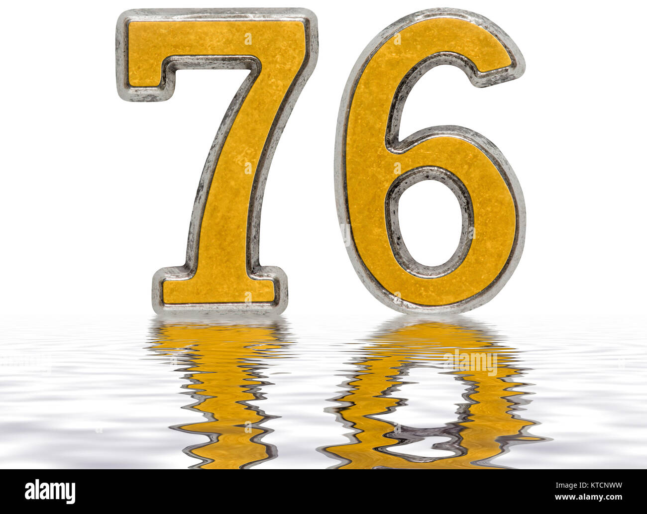 Numeral 76, seventy six, reflected on the water surface, isolated on ...