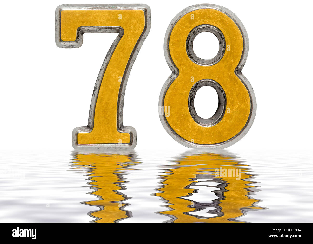 Numeral 78, seventy eight, reflected on the water surface, isolated on ...