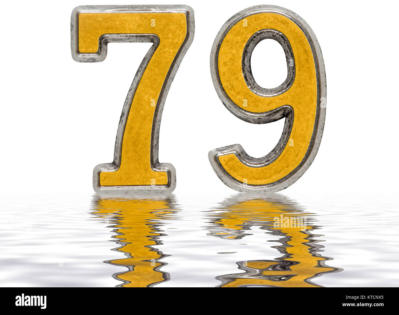 Numeral 79, seventy nine, reflected on the water surface, isolated on ...