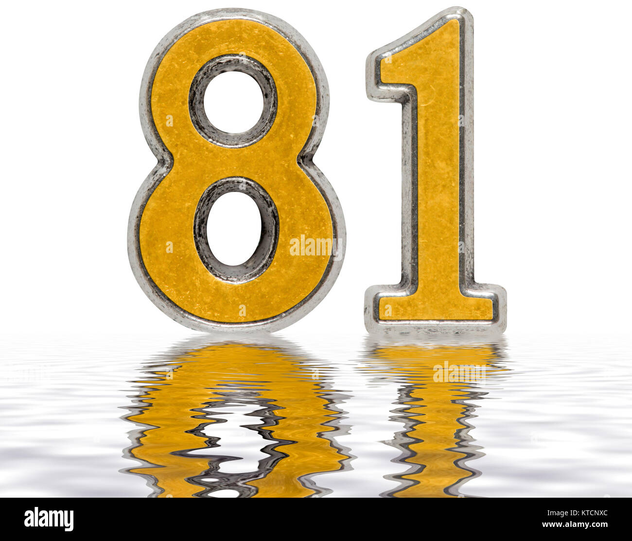 Numeral 81, eighty one, reflected on the water surface, isolated on ...