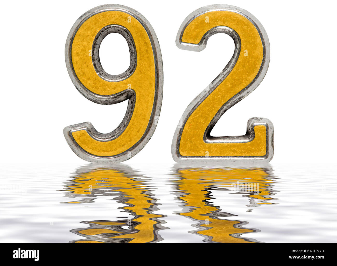 Numeral 92, ninety two, reflected on the water surface, isolated on ...