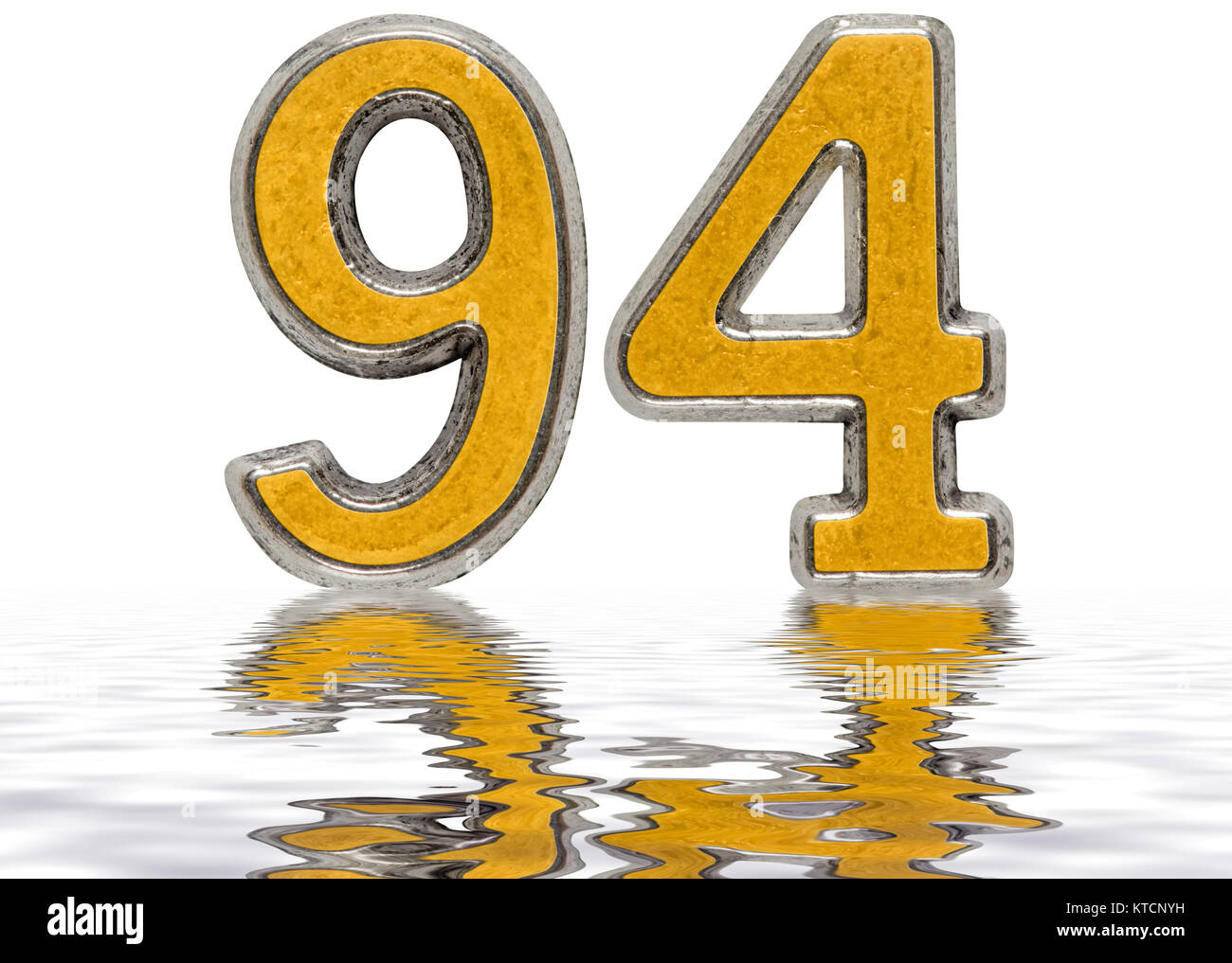 Numeral 94, ninety four, reflected on the water surface, isolated on ...