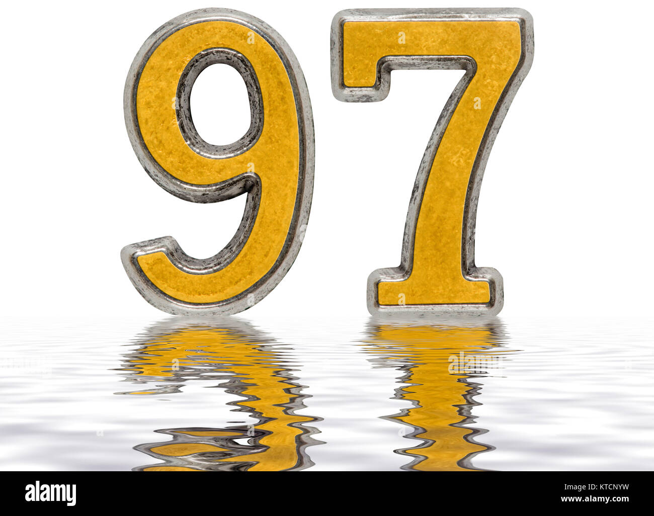 Numeral 97, ninety seven, reflected on the water surface, isolated on ...