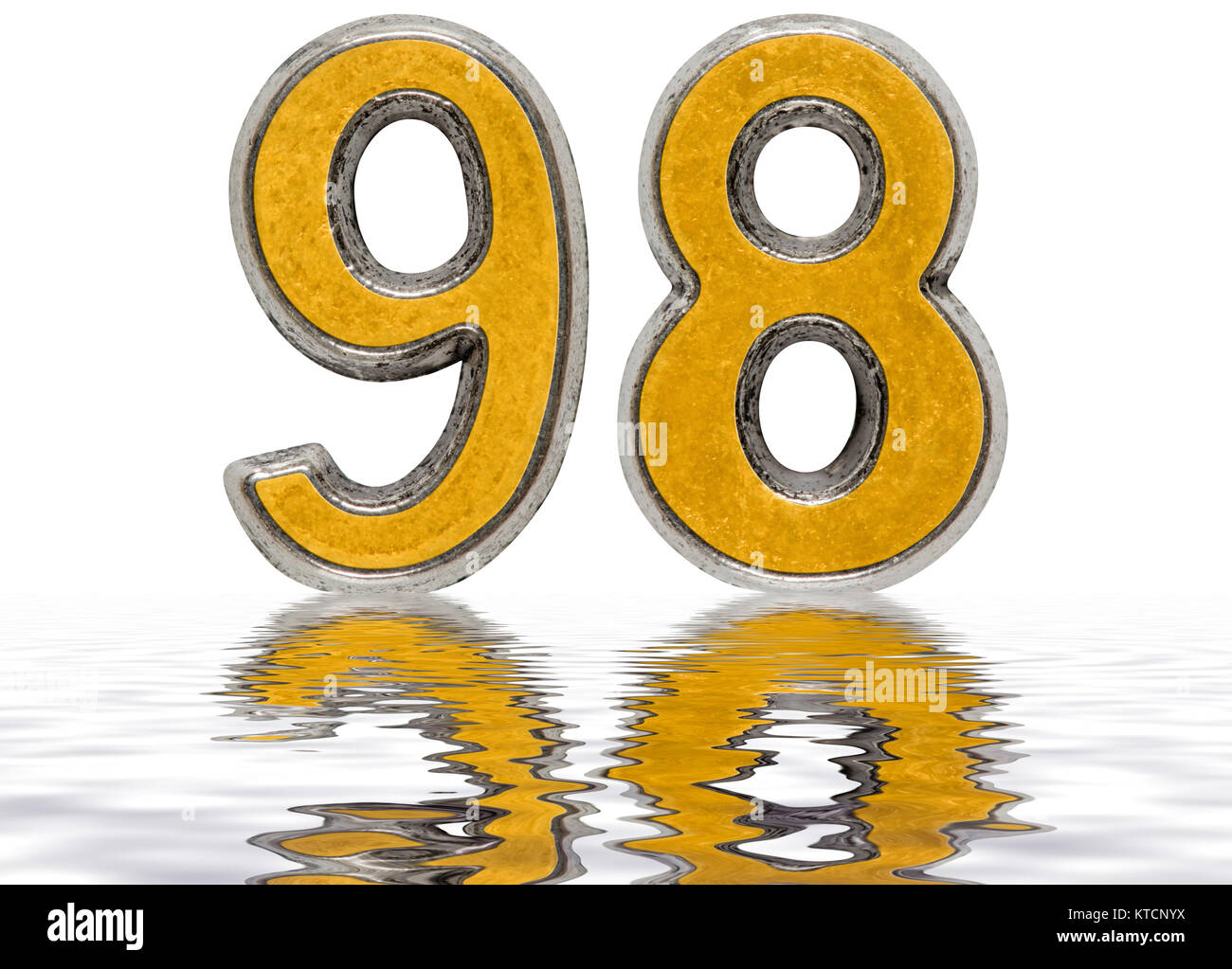 Numeral 98, ninety eight, reflected on the water surface, isolated on ...