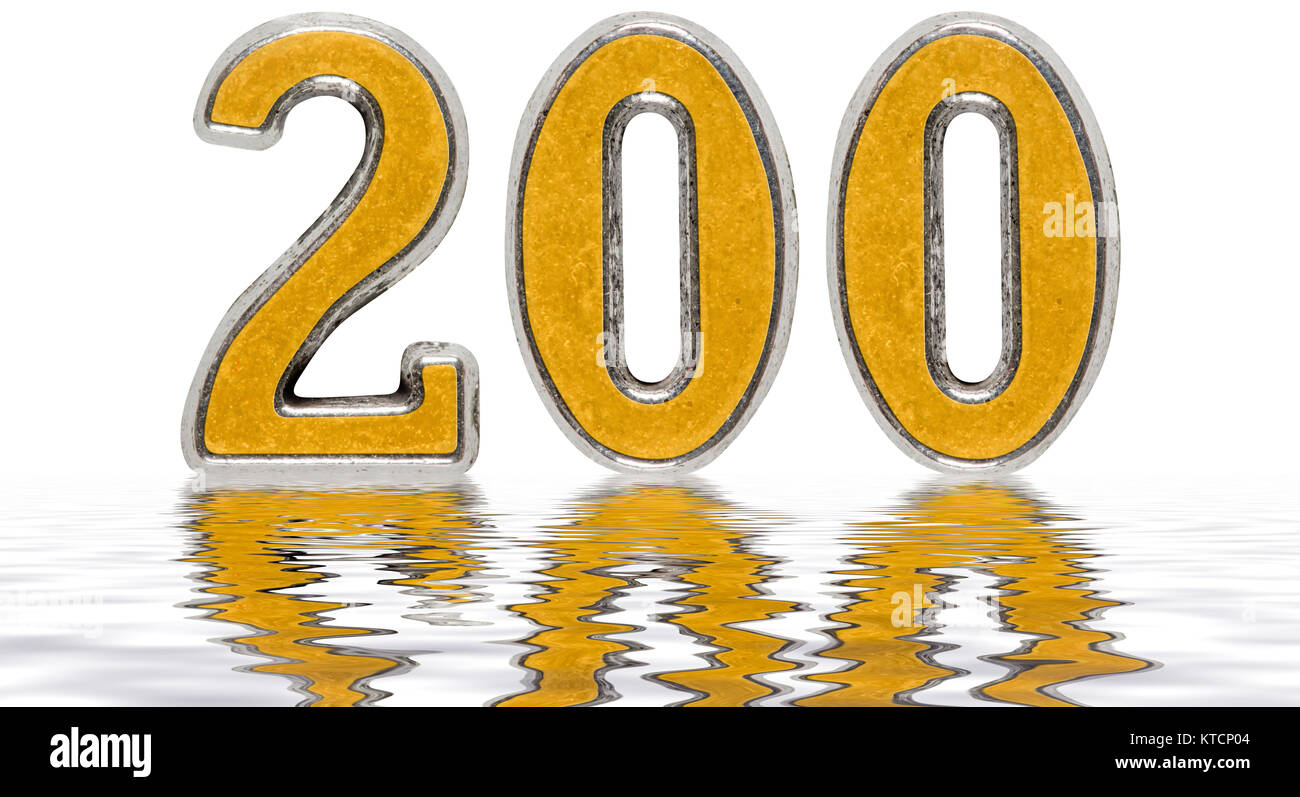 Numeral 200, two hundred, reflected on the water surface, isolated on ...
