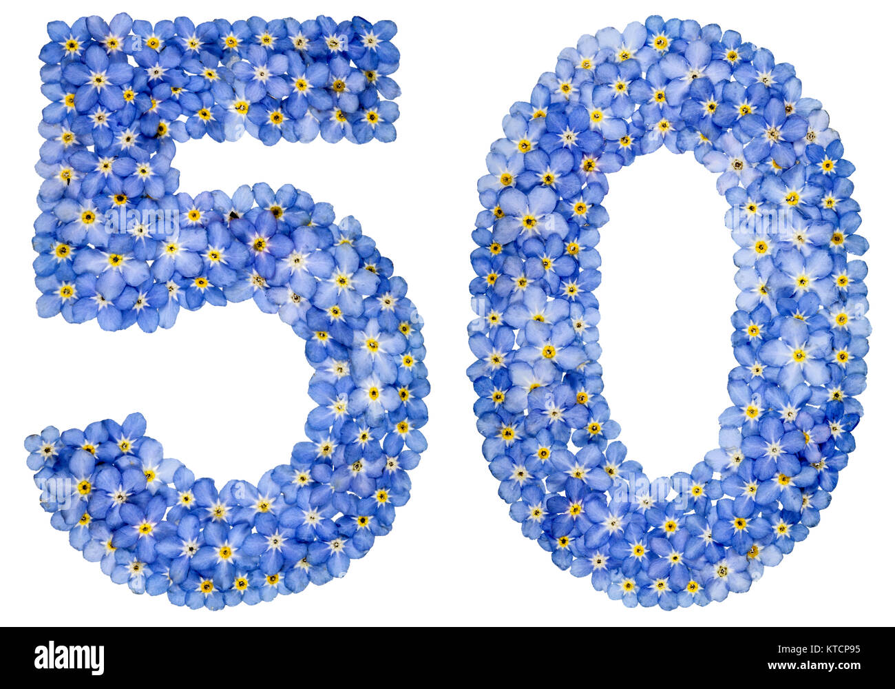 Arabic numeral 50, fifty, from blue forget-me-not flowers, isolated on ...