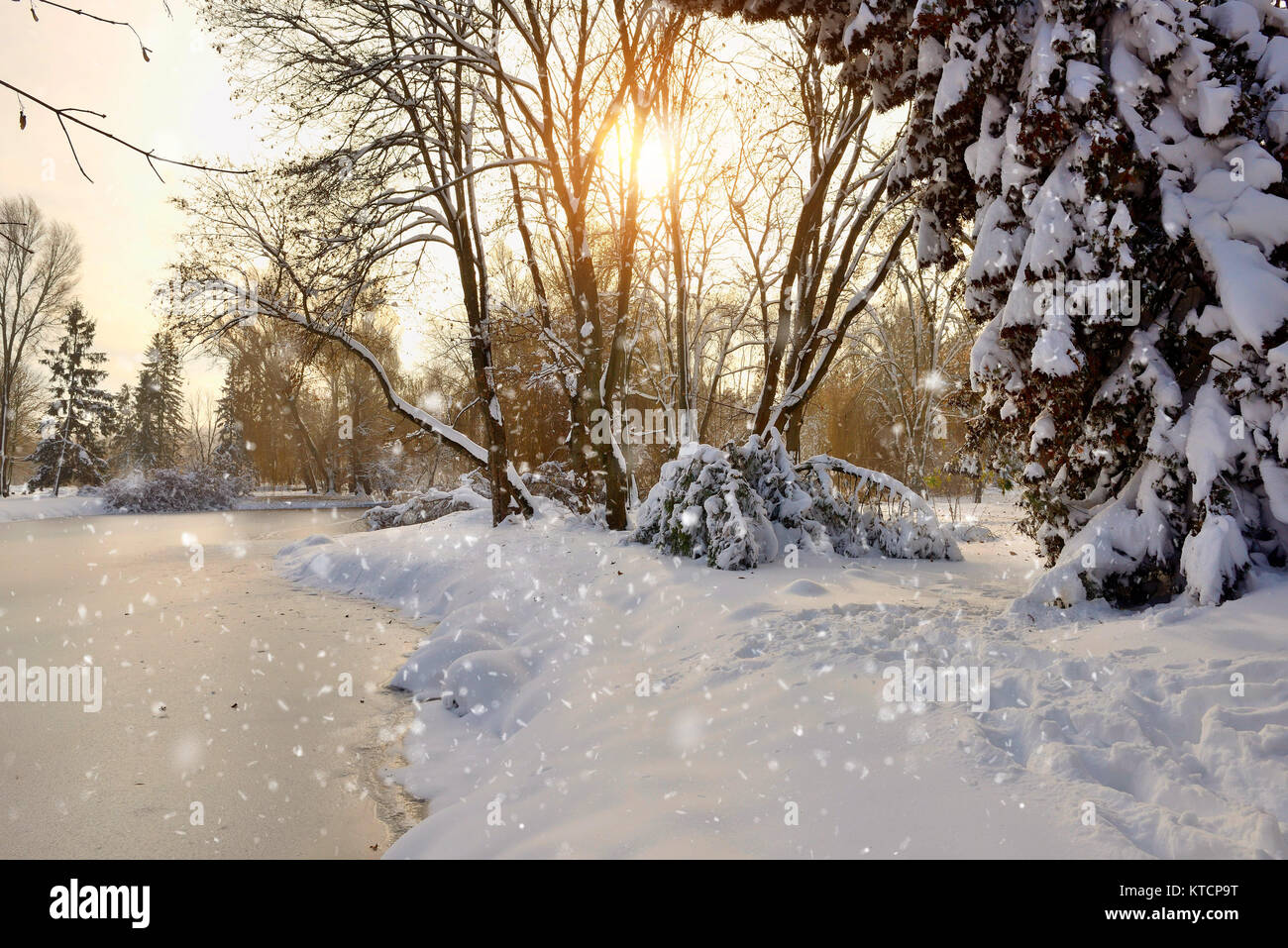 Fantastic winter morning. Beautiful landscape with the river in frosty ...