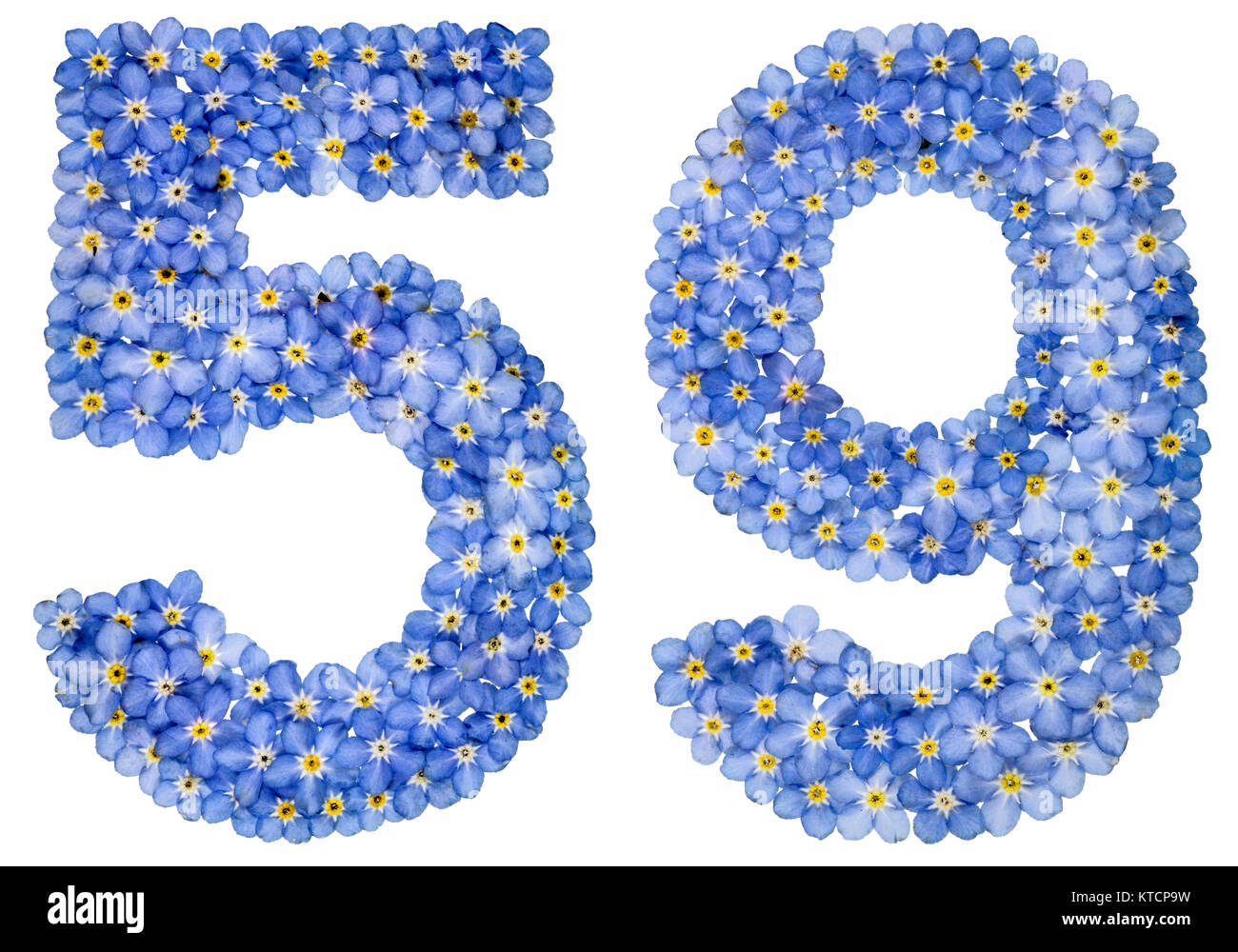 Arabic numeral 59, fifty nine, from blue forget-me-not flowers ...