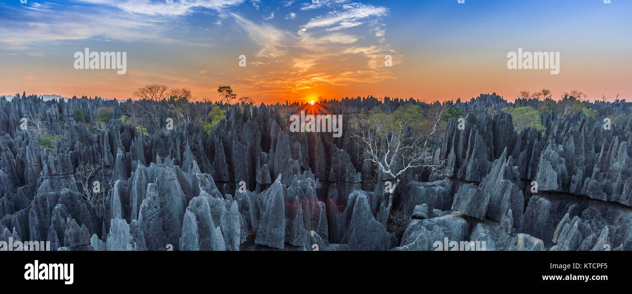 Sunrise over rugged landscape of Karst limestone at the Tsingy de ...