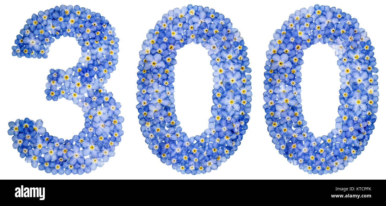 Arabic numeral 300, three hundred, from blue forget-me-not flowers ...