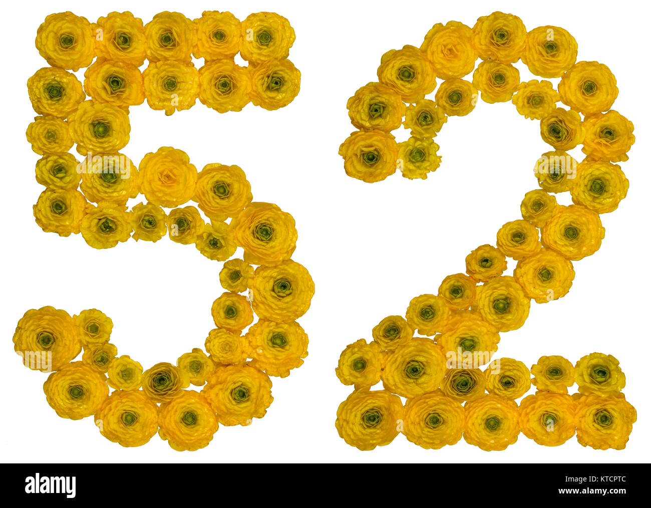 Arabic numeral 52, fifty two, from yellow flowers of buttercup ...