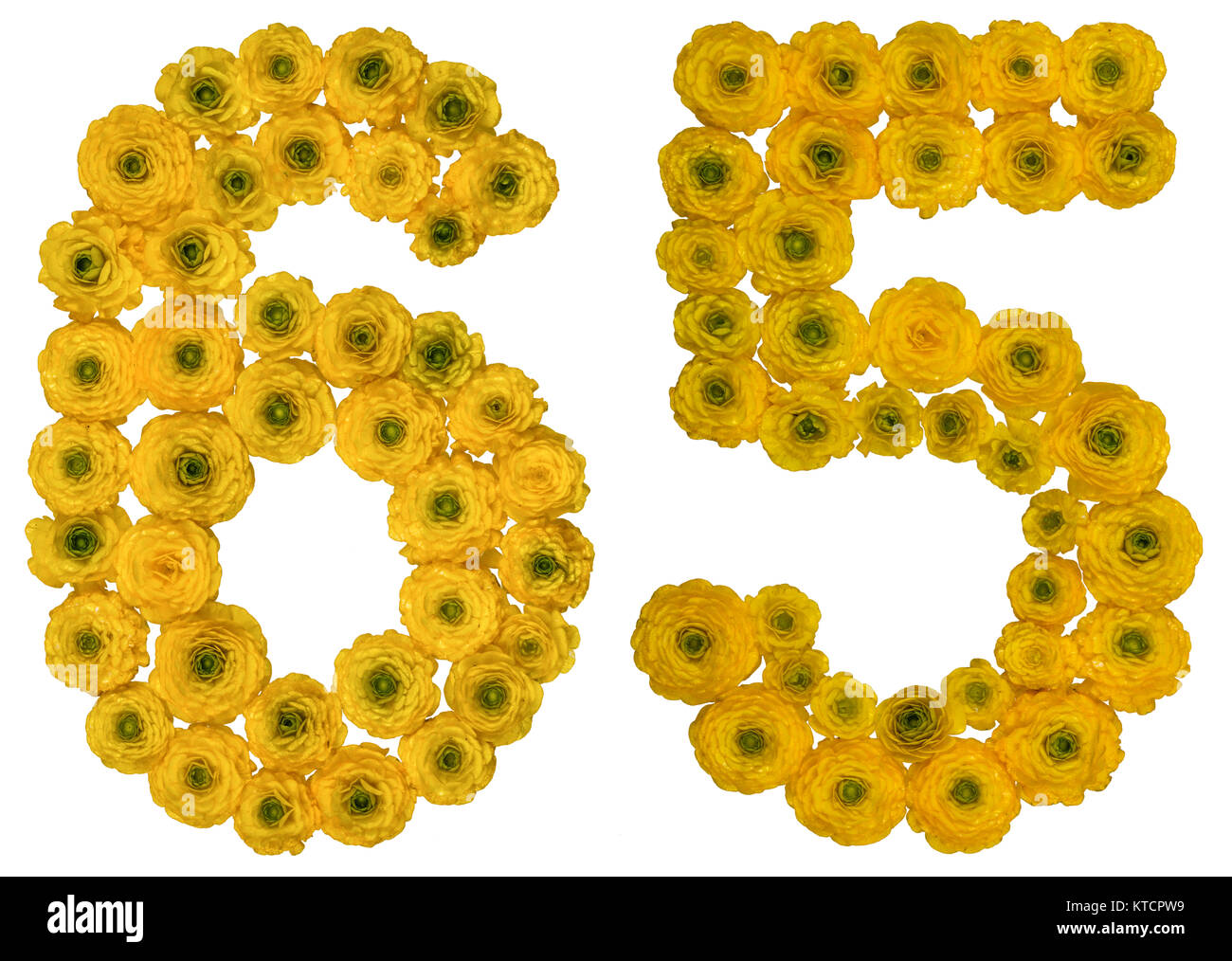 Arabic numeral 65, sixty five, from yellow flowers of buttercup ...