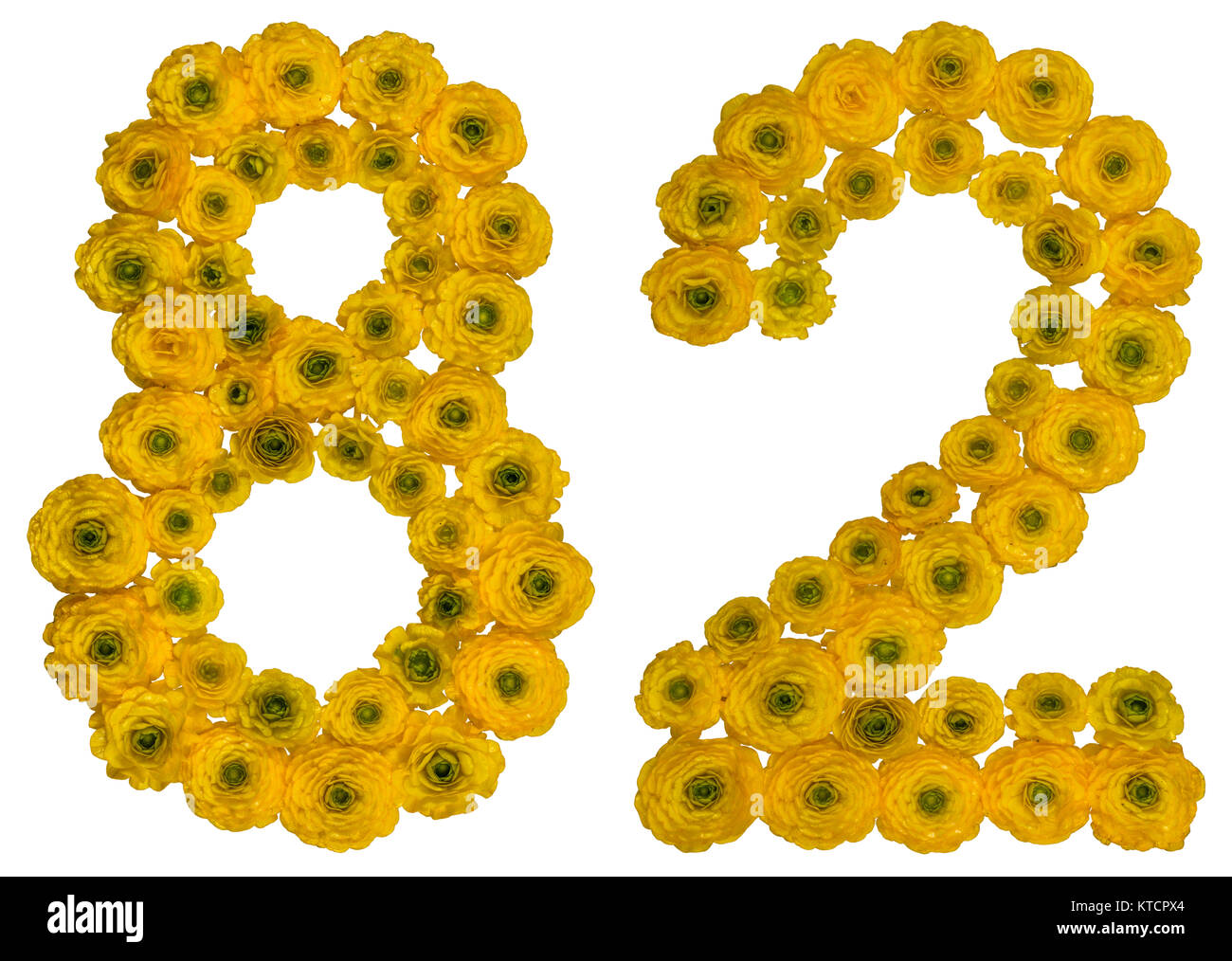 Arabic numeral 82, eighty two, from yellow flowers of buttercup ...