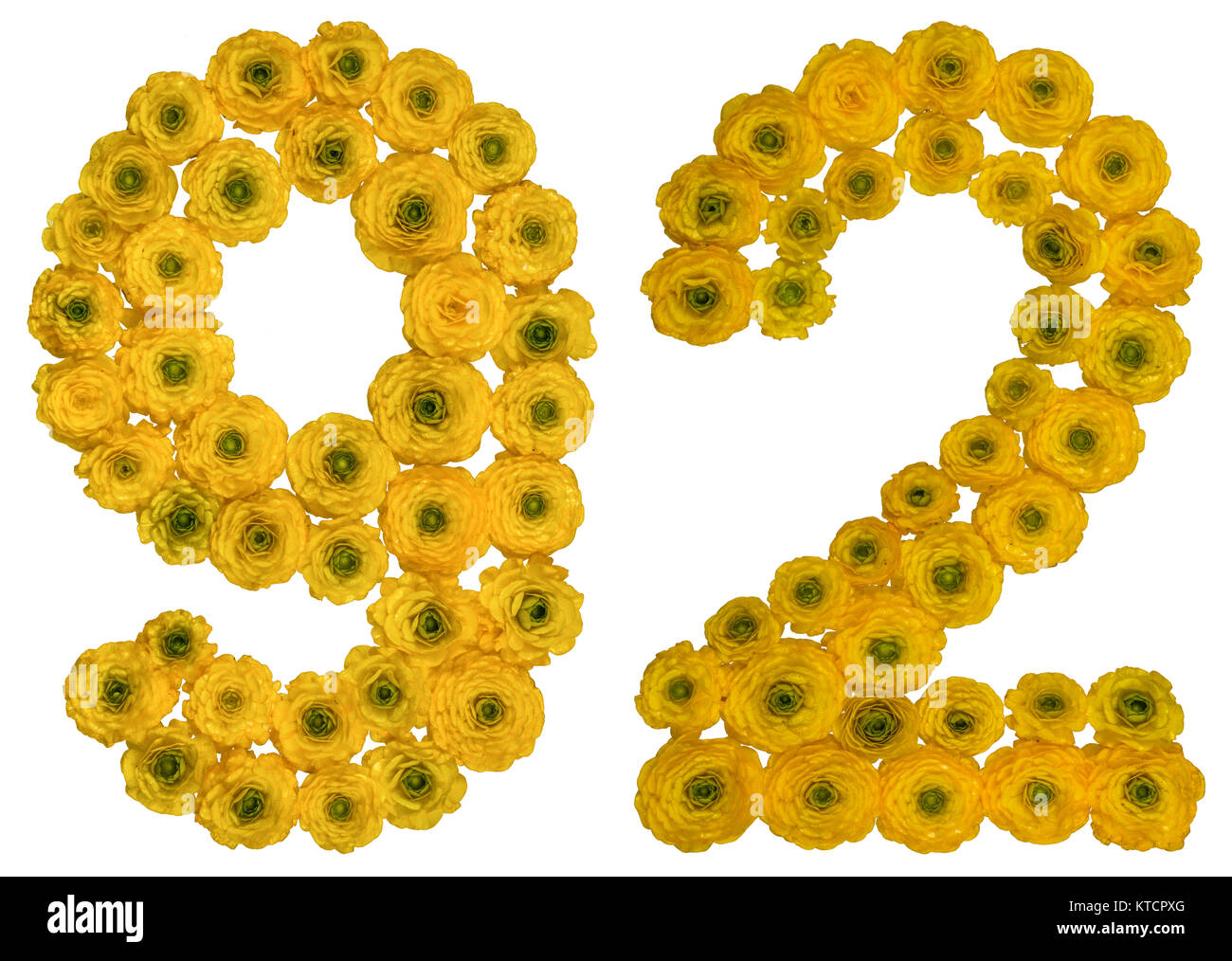 Arabic numeral 92, ninety two, from yellow flowers of buttercup ...