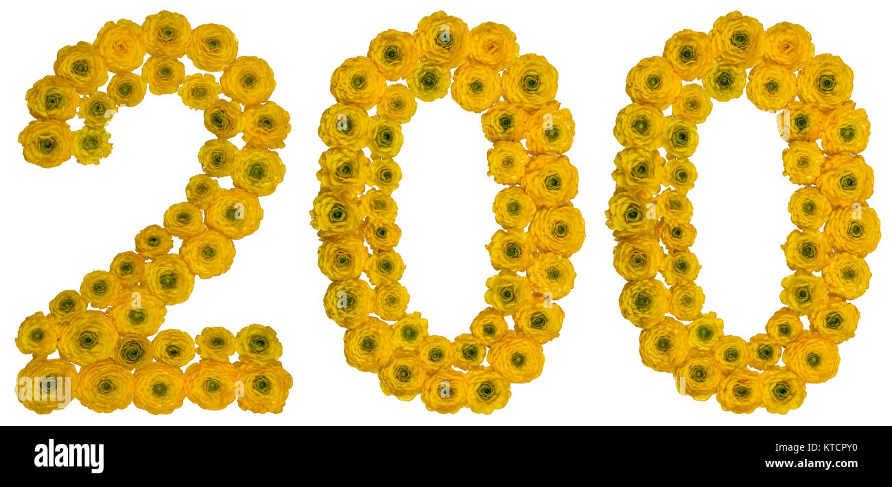 Arabic numeral 200, two hundred, from yellow flowers of buttercup ...