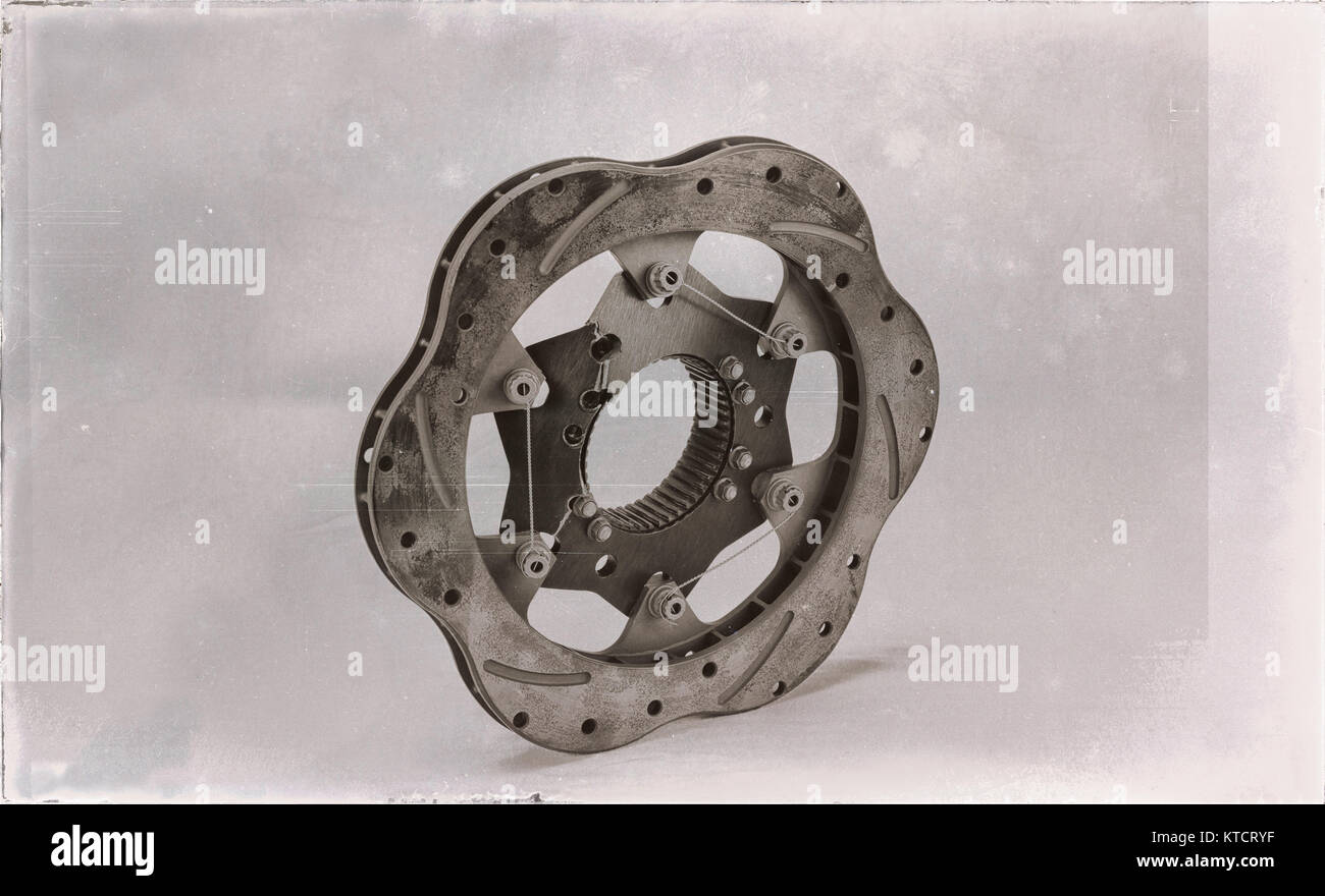 Broken, cracked and warped racing brake rotor. Analog filter applied ...