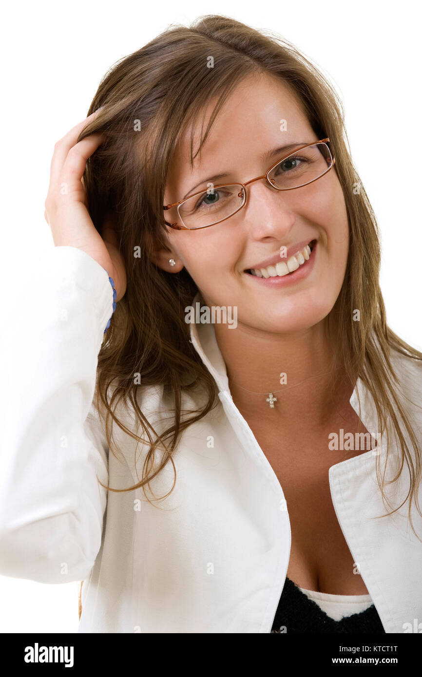 Studio portrait photo of a pretty young businesswoman wearing glasses ...